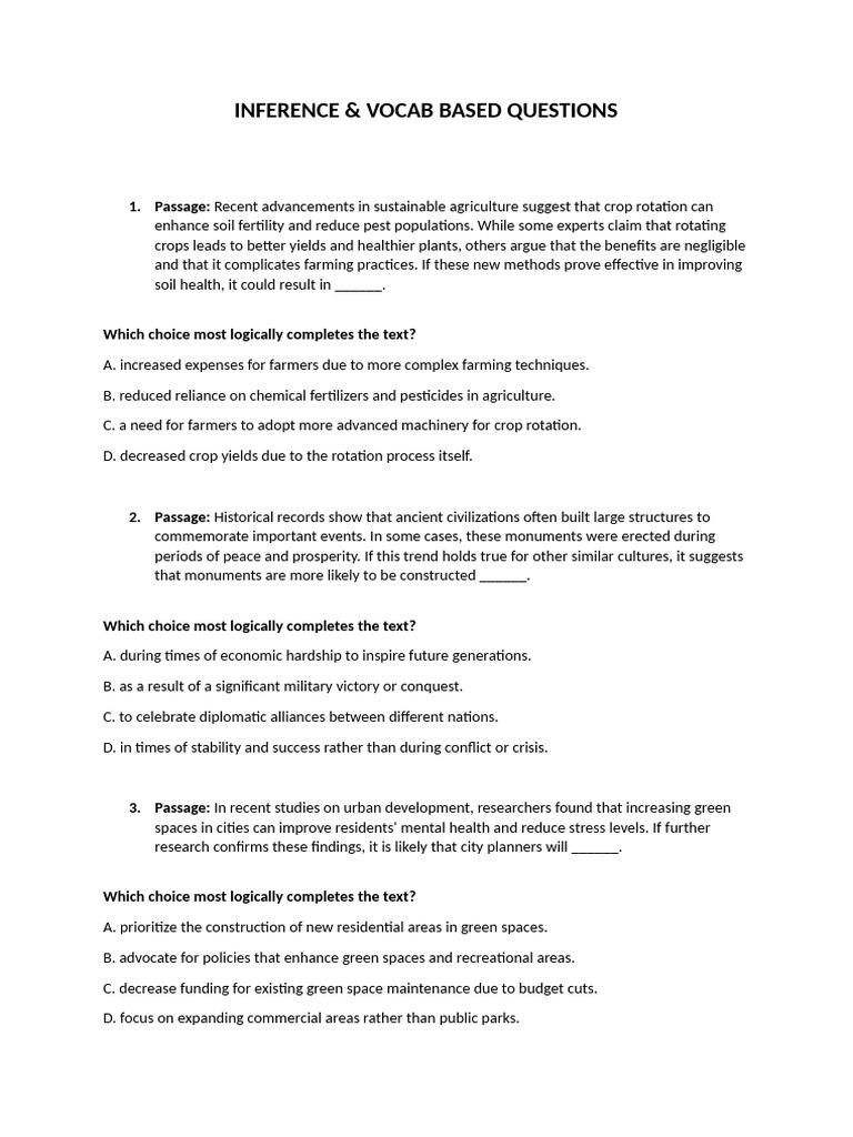 Inference Based Questions - Worksheet | PDF | Agriculture | Crop Rotation