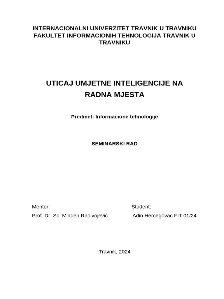 Adin Hercegovac - Uticaj UI na radna mjesta - Informacione tehnologije ...