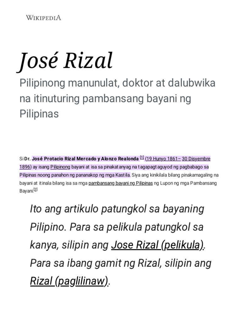 José Rizal - Wikipedia, Ang Malayang Ensiklopedya | PDF
