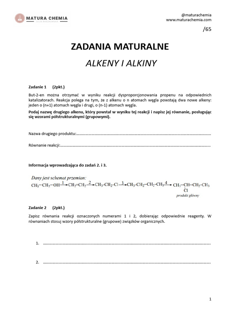 ZADANIA MATURALNE Alkeny I Alkiny | PDF