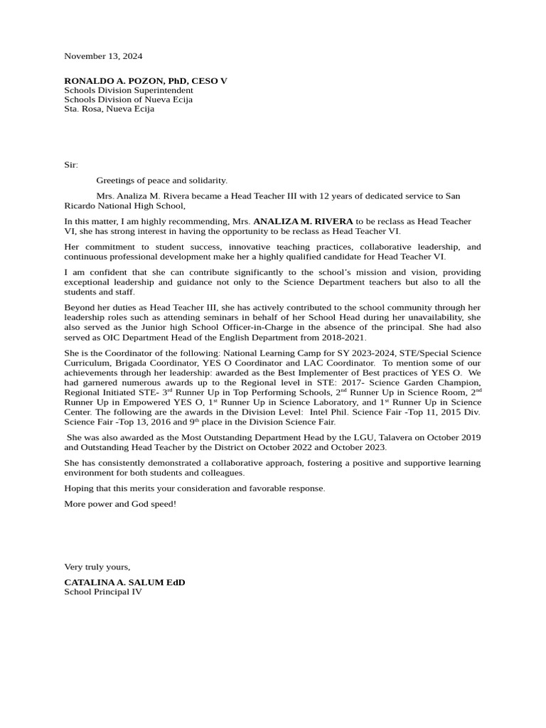 Letter of Justification for Head Teacher Ranking Promotion | PDF