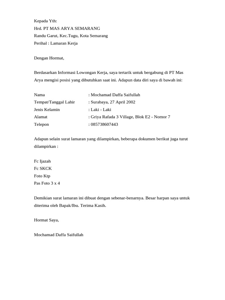 Surat Lamaran Daffa PT Mas Arya | PDF
