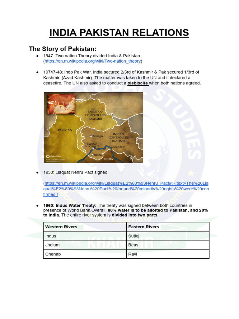India Pakistan Relation Notes - 7900196226 | PDF | India–Pakistan ...