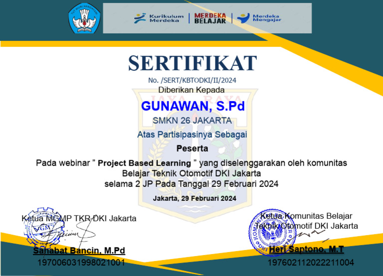 SERTIFIKAT - Project Based Learning | PDF