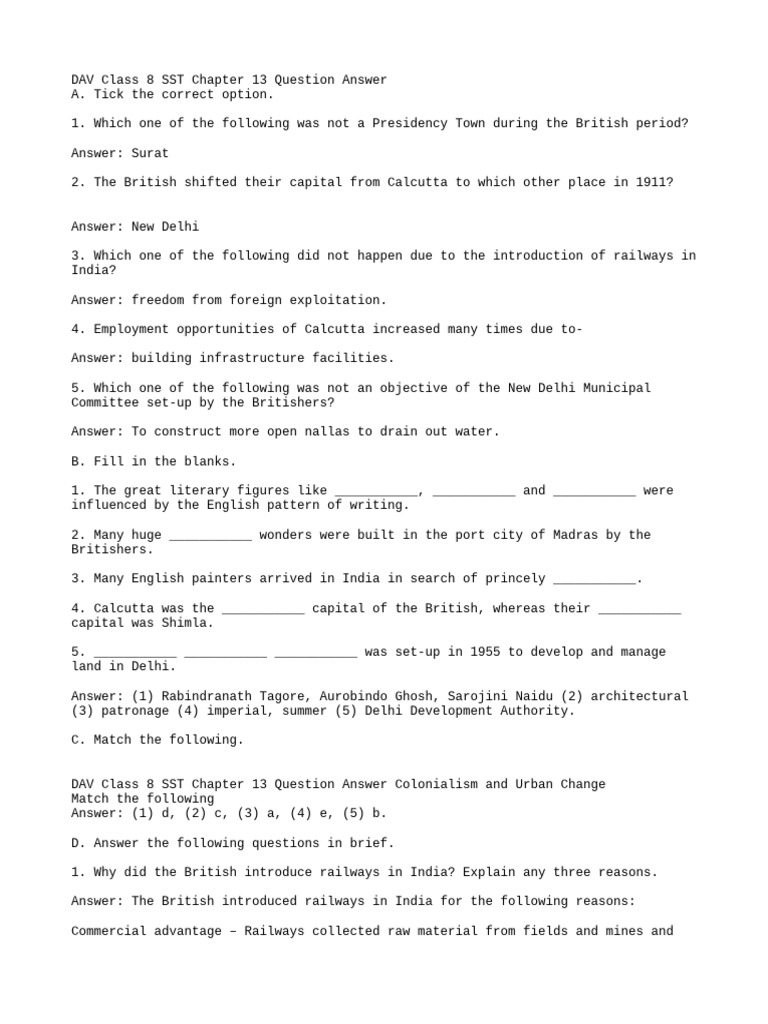 DAV Class 8 SST Chapter 13 Q&A | PDF | British Raj | Kolkata