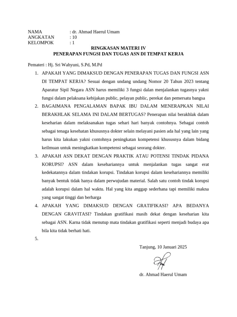 Ringkasan Materi 4 Penerapan Fungsi Dan Tugas Asn Ditempat Kerja | PDF