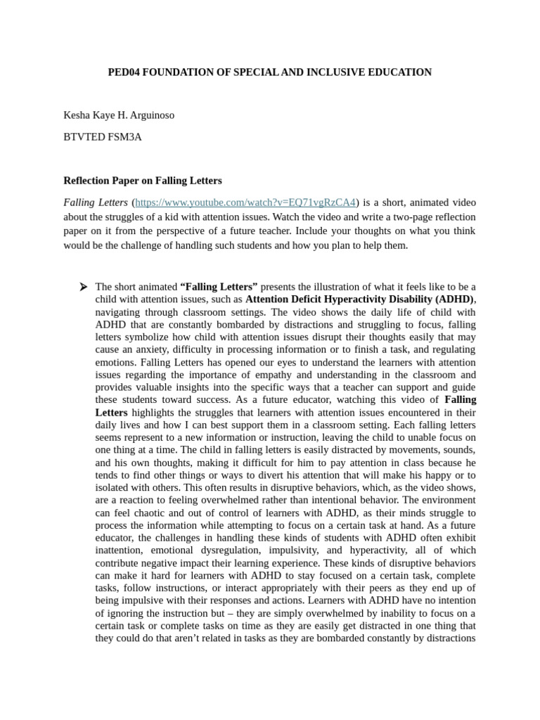 PED04 Reflection On Falling Letters - Kesha Kaye H. Arguinoso | PDF | Attention Deficit ...