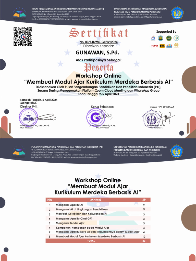 Sertifikat - Membuat Modul Ajar Kurmer Berbasis Ai | PDF
