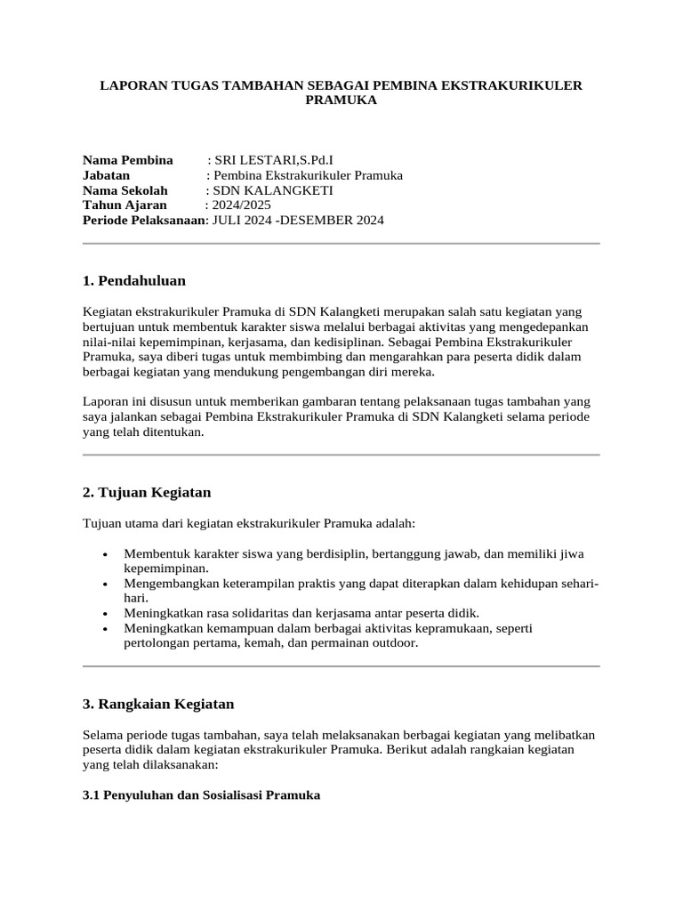 Laporan Tugas Tambahan Sebagai Pembina Ekstrakurikuler Pramuka | PDF