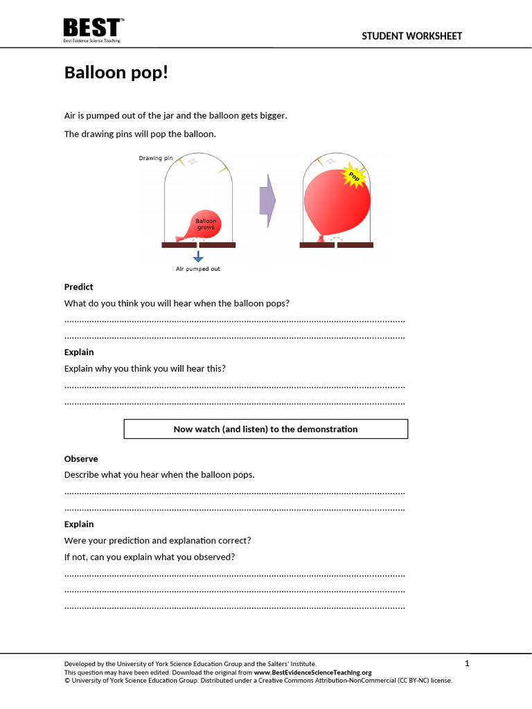 BEST - PSL - 1 - 1 - Diagnostic - Balloon Pop | PDF | Sound | Light