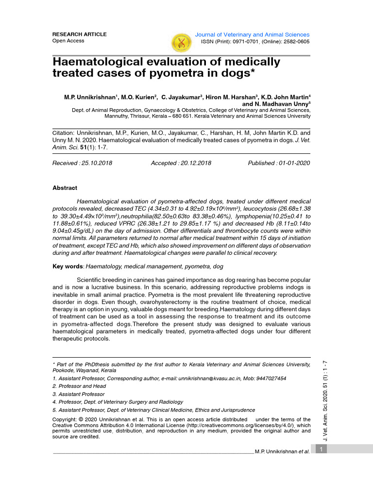 Haematological Evaluation of Medically Treated Cases of Pyometra in ...