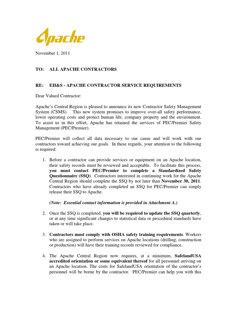 Apache Contractor Letter | PDF | General Contractor | Safety
