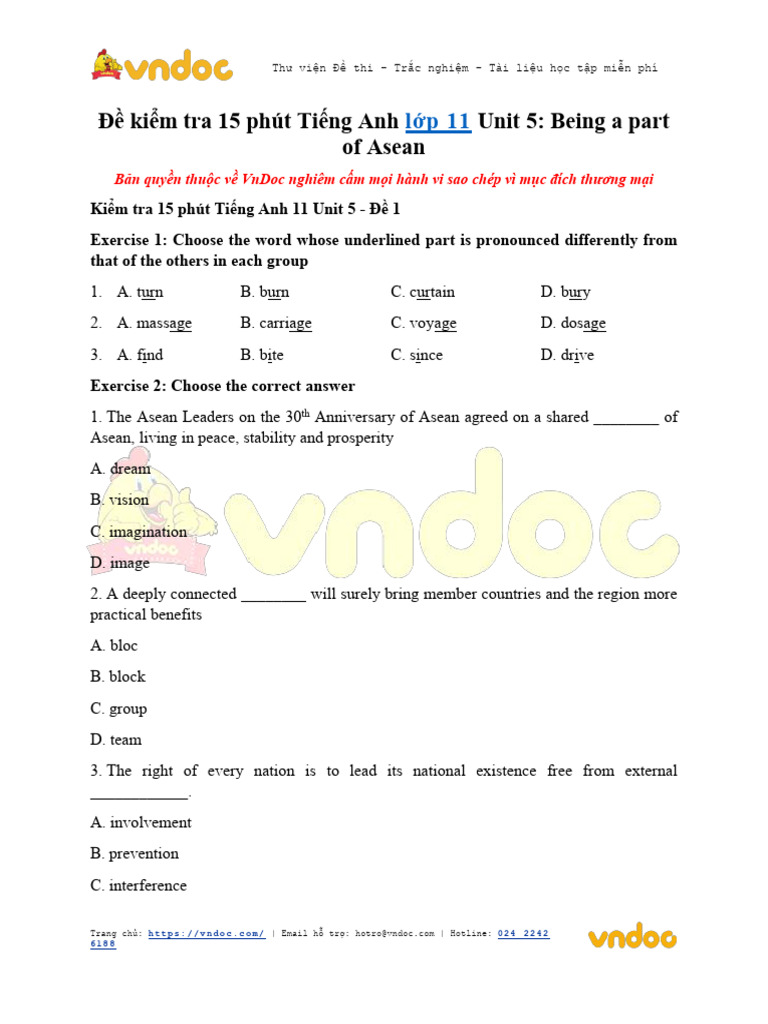 De Kiem Tra 15 Phut Tieng Anh Lop 11 Unit 5 Being A Part of Asean 1 3 | PDF | Vietnam