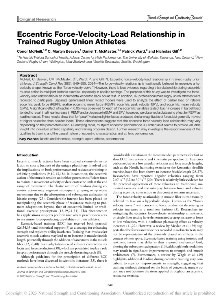 Eccentric Force-Velocity-Load Relationship in Trained Rugby Union ...