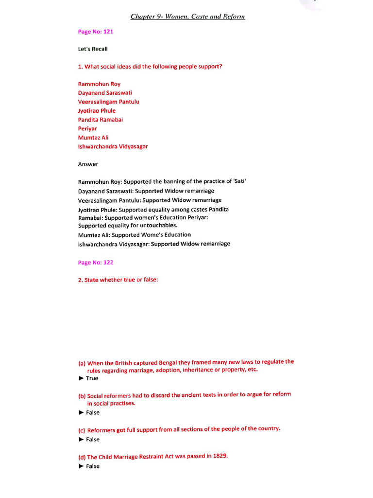 Class 8 SST CH Women, Caste and Reform Ncert Questions | PDF