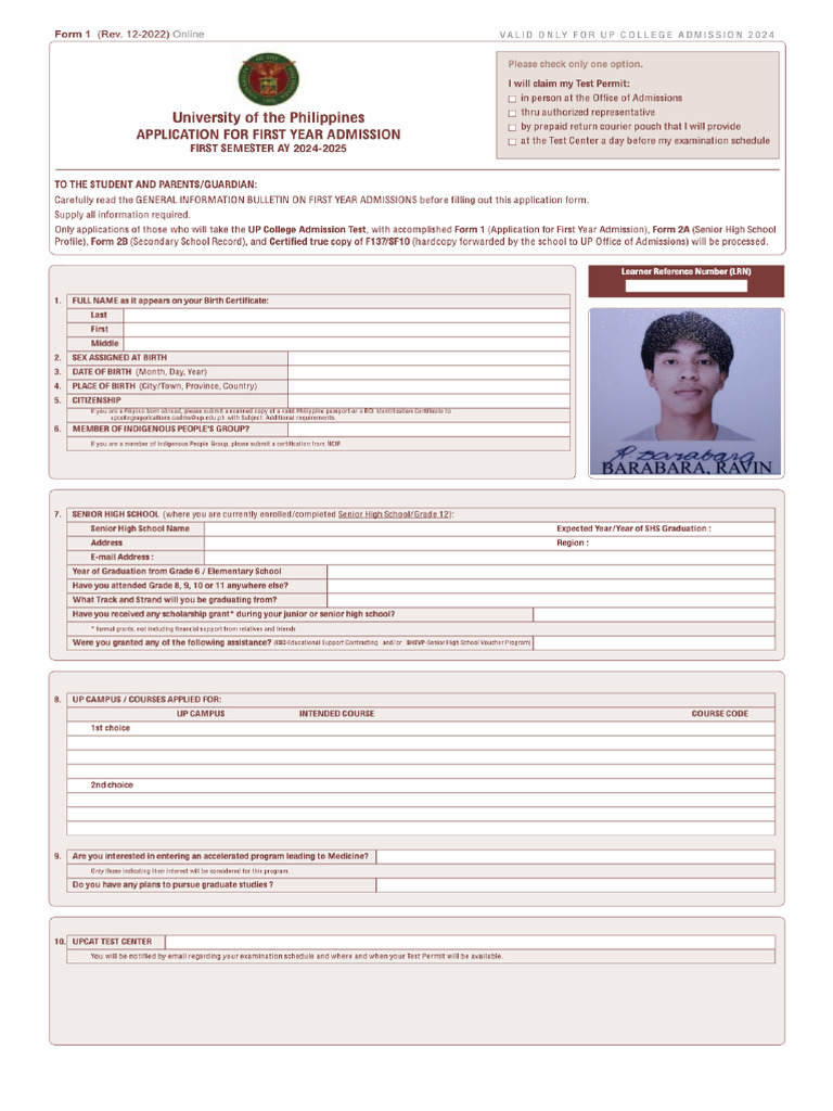 Upcat 2024 Form1 1247297131 | PDF | Science | Engineering