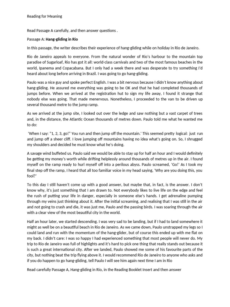 Hang-Gliding in Rio Reading For Meaning | PDF