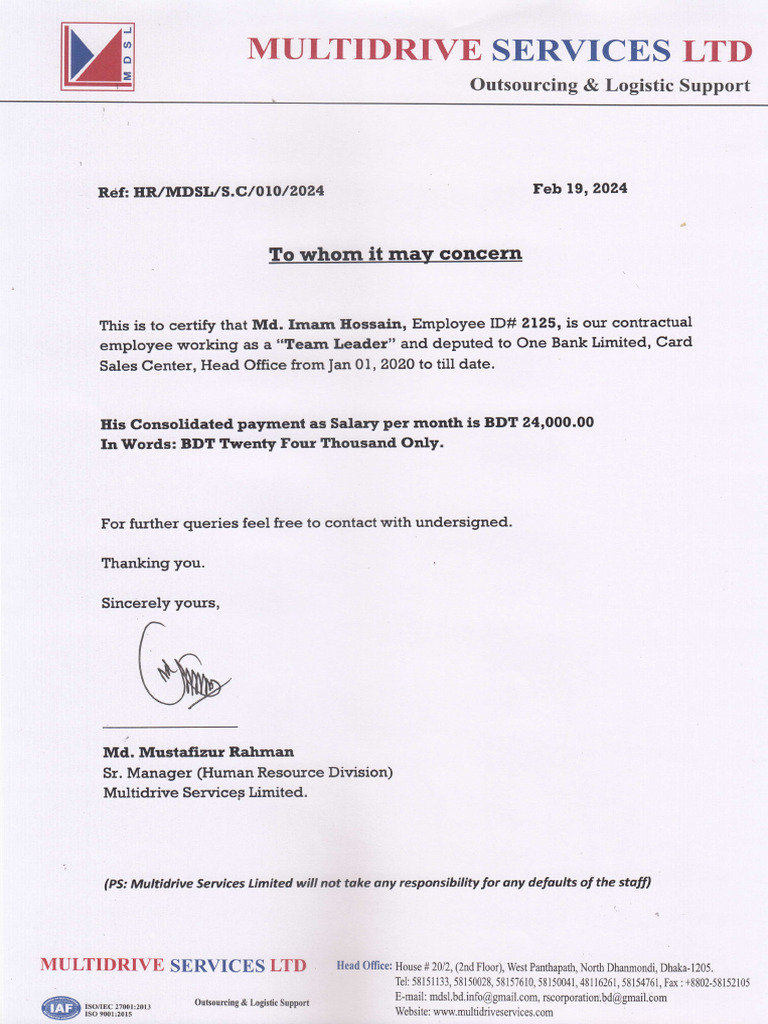 Salary Certificate - Md Imam Hossain - 2125 | PDF