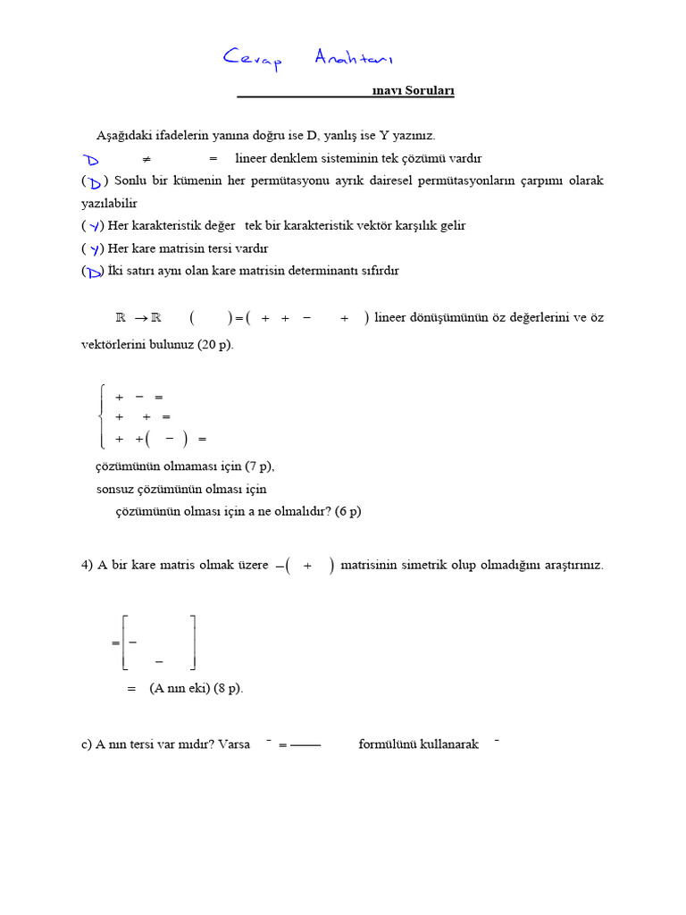 Lineer Cebir II Final Cevap Anahtarı 2021 Bahar | PDF