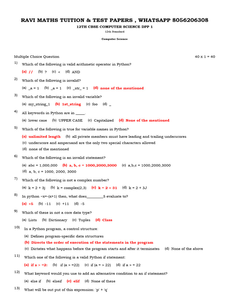 12TH Cbse Computer Science DPP 1 Qa | PDF | Python (Programming Language) | Programming Language