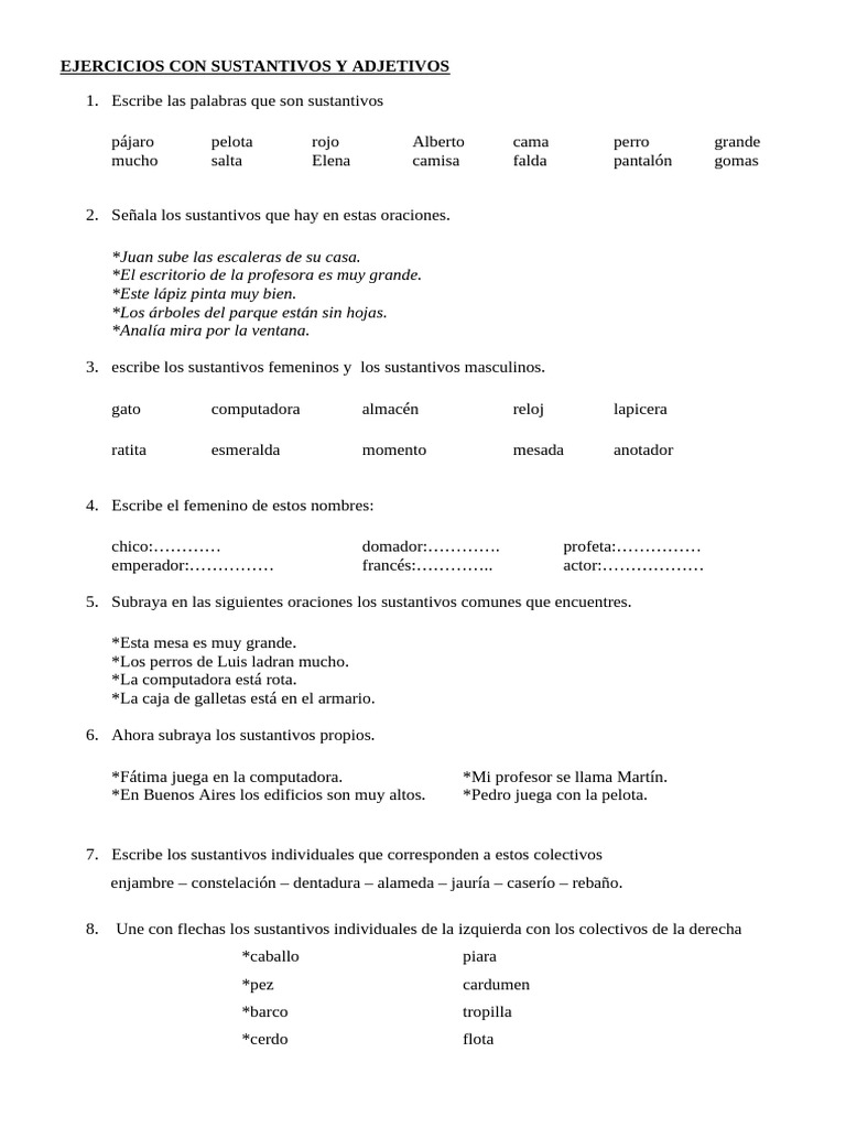 Ejercicios Con Sustantivos y Adjetivos | PDF | Sustantivo