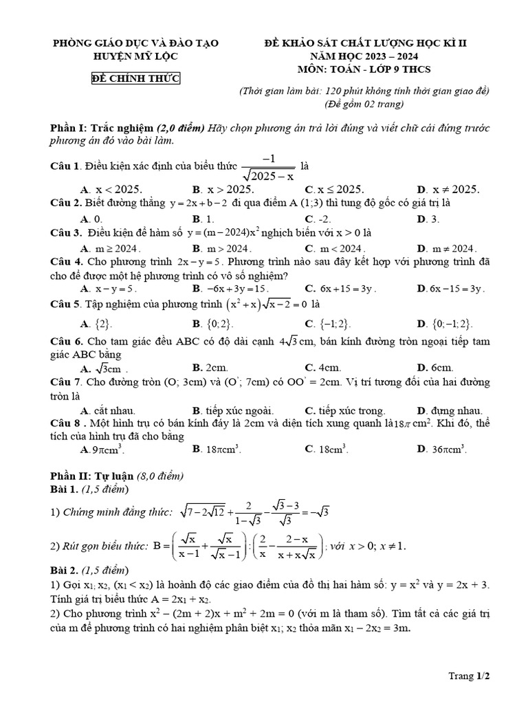 De Hoc Ki 2 Toan 9 Nam 2023 2024 Phong GDDT My Loc Nam Dinh | PDF