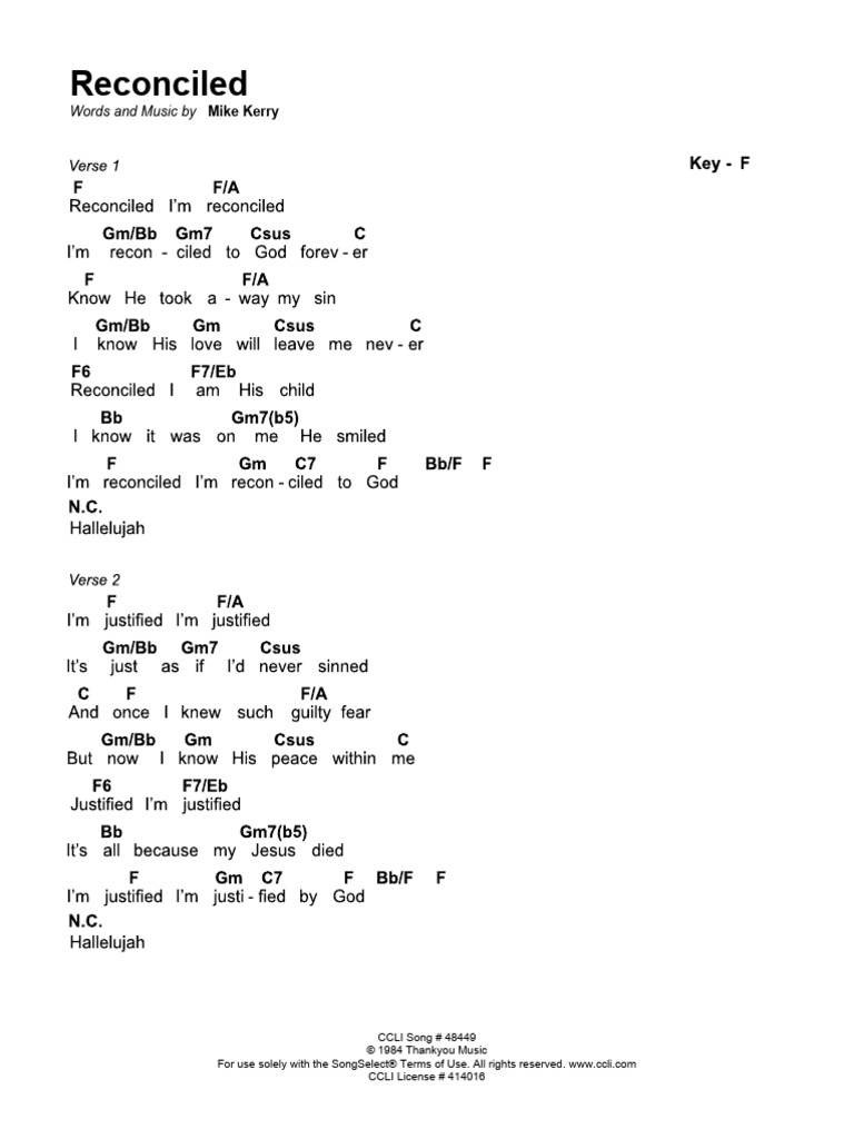 Reconciled - (Mike Kerry) - Key of F Chords | PDF