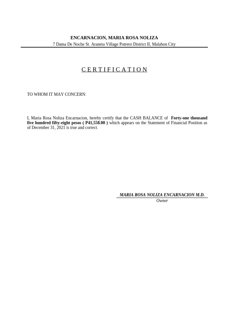 Cash Certification Template | PDF