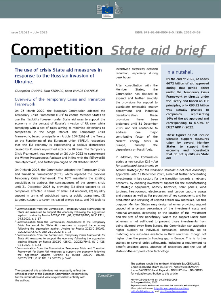 State Aid Brief 1 2023 Kdam23001enn TCTF Survey 0 | PDF | Subsidy | European Union