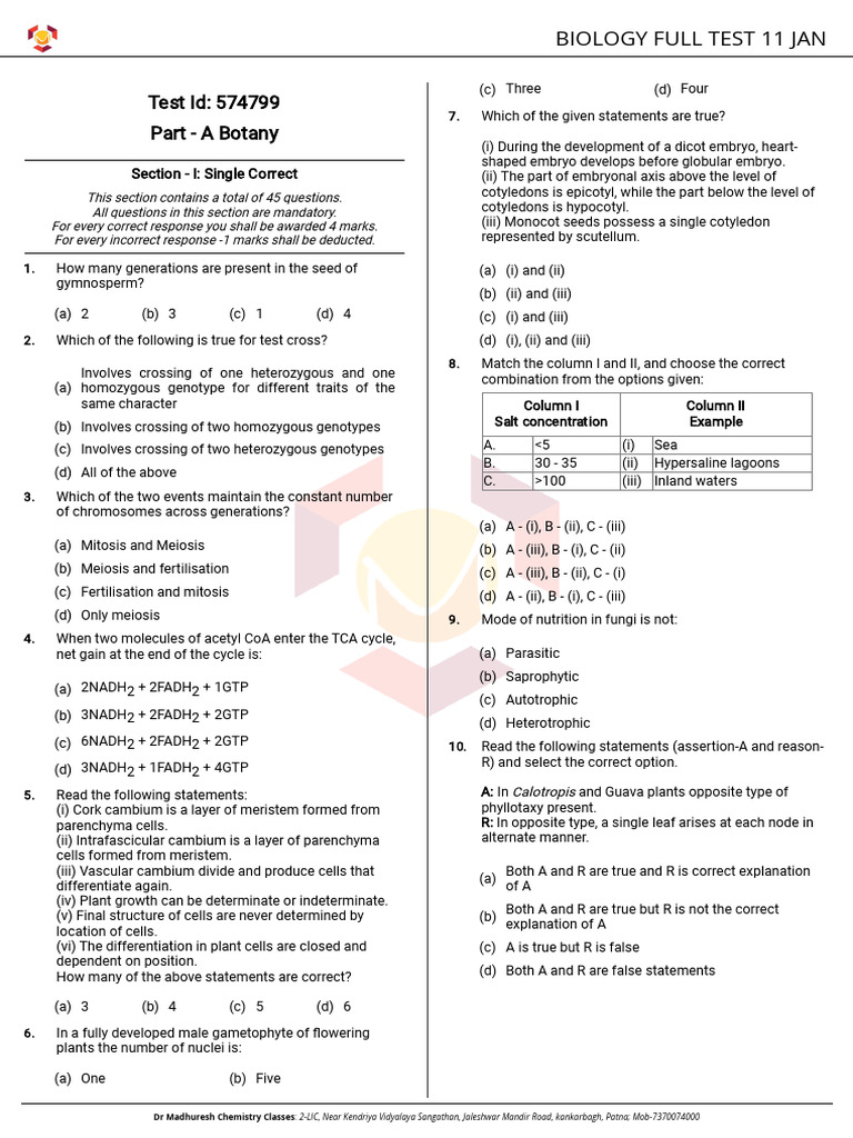 Biology Full Test 11 Jan-Testpaper-1736571531 | PDF | Atrium (Heart ...