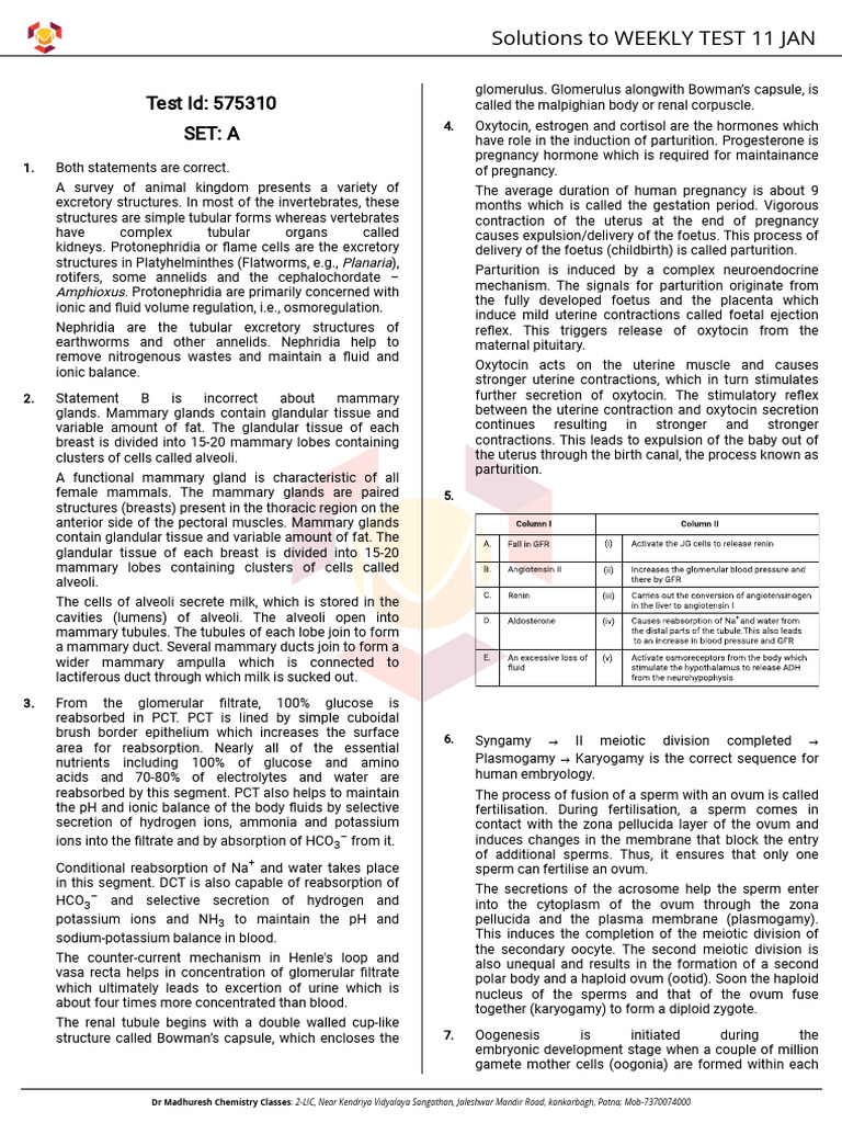 Weekly Test 11 Jan A Solution 1736574714 | PDF | Kidney | Angiotensin