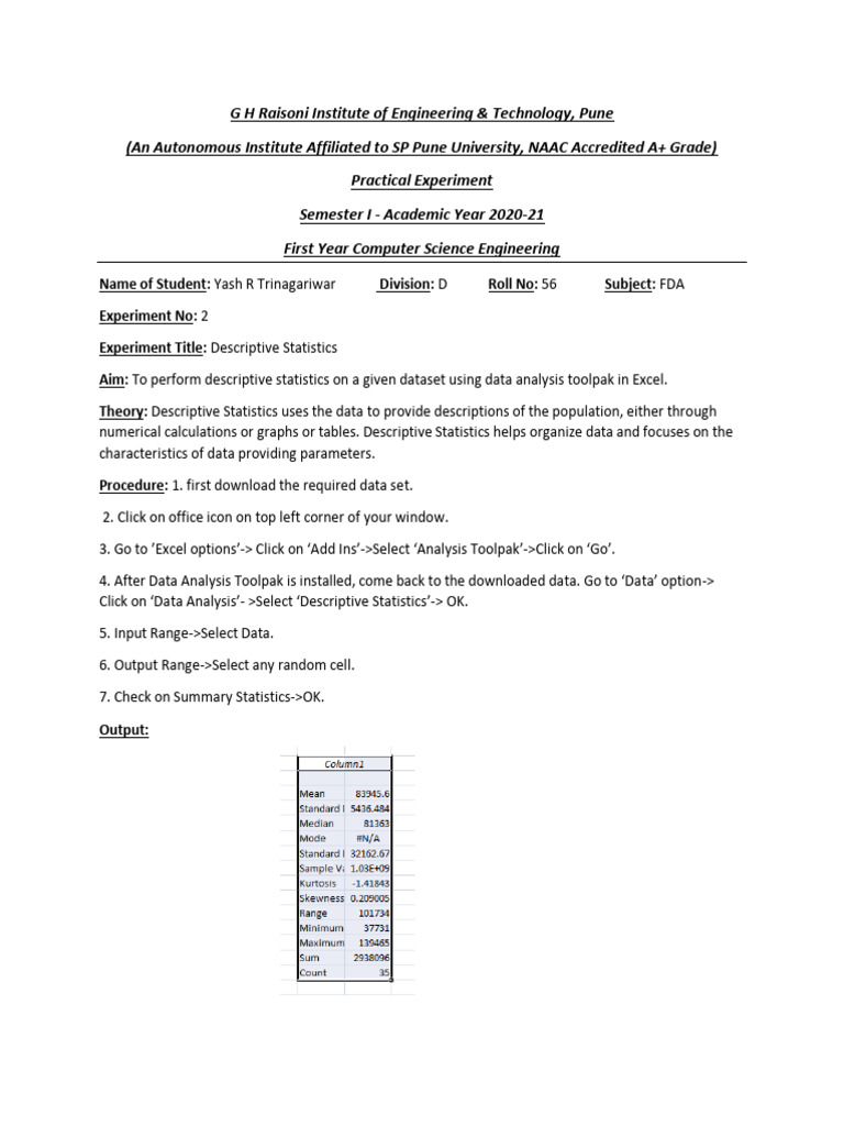 D56 Descriptive Statistics Lab Manual | PDF