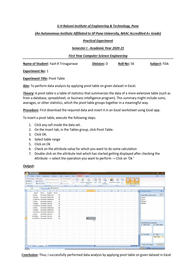 D56 Pivot Table Lab manual | PDF