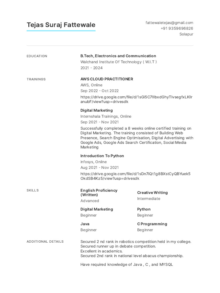 Tejas SurajFattewale InternshalaResume | PDF