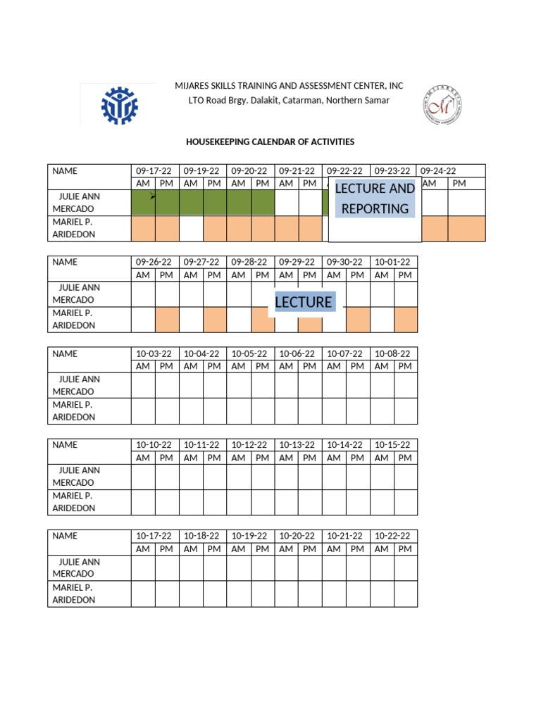 Housekeeping Calendar of Activities | PDF