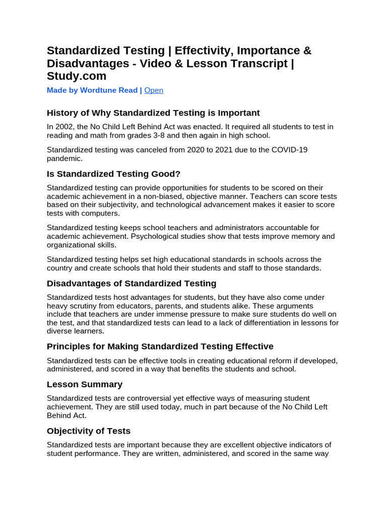 Standardized Testing _ Effectivity, Importance & D-WT_Summaries | PDF ...