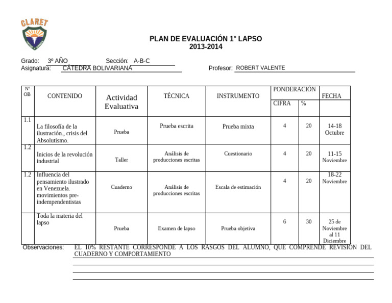 CATEDRA BOLIVARIANA 3o Plan de Evaluacion LAPSO I | PDF