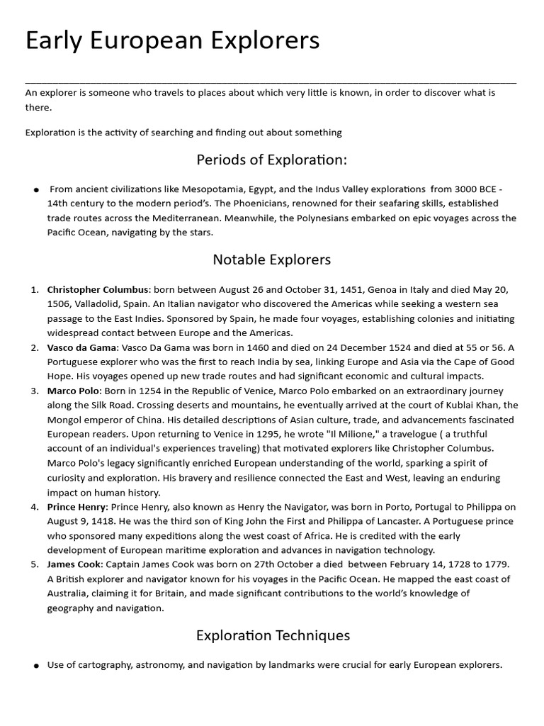 Early European Explorers reveiw sheet | PDF | Age Of Discovery ...