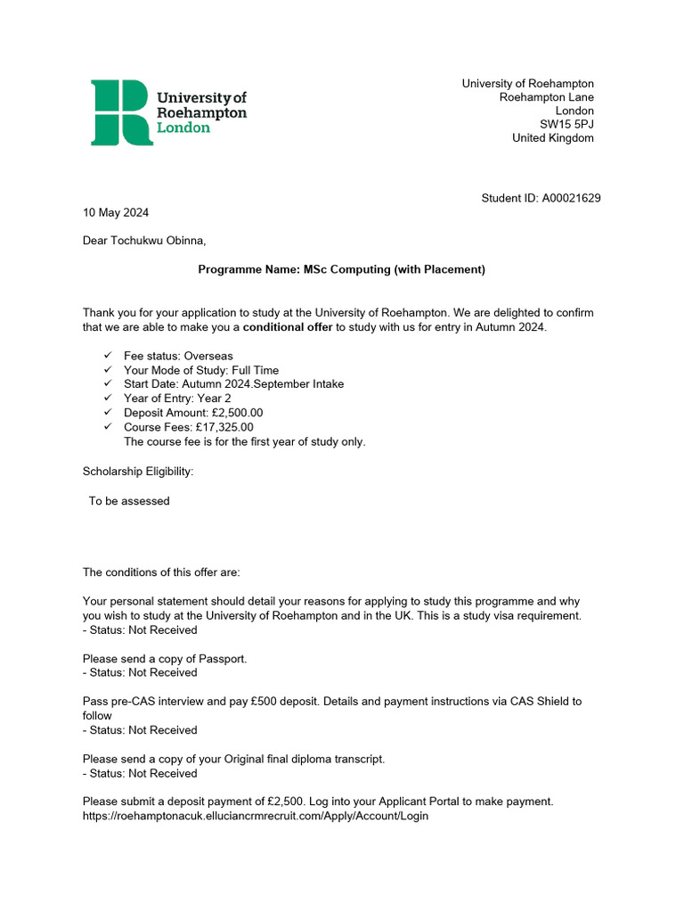 UoR Conditional Offer New Addmission | PDF