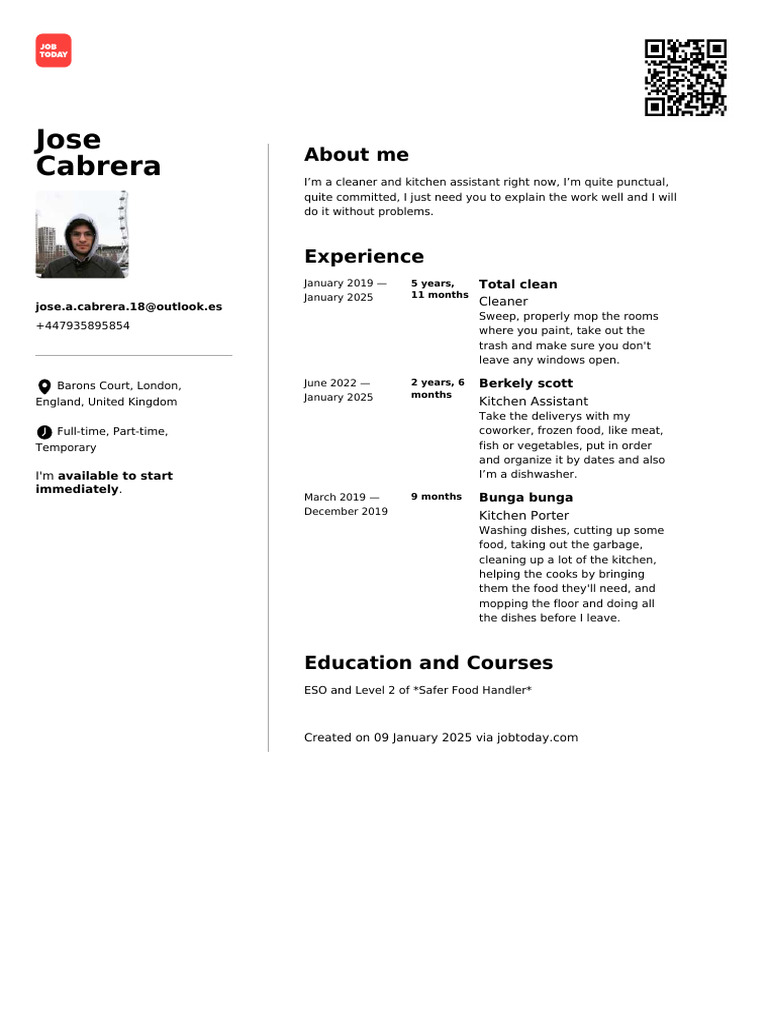 Jose Cabrera's Job Today CV | PDF | Cuisine | Home