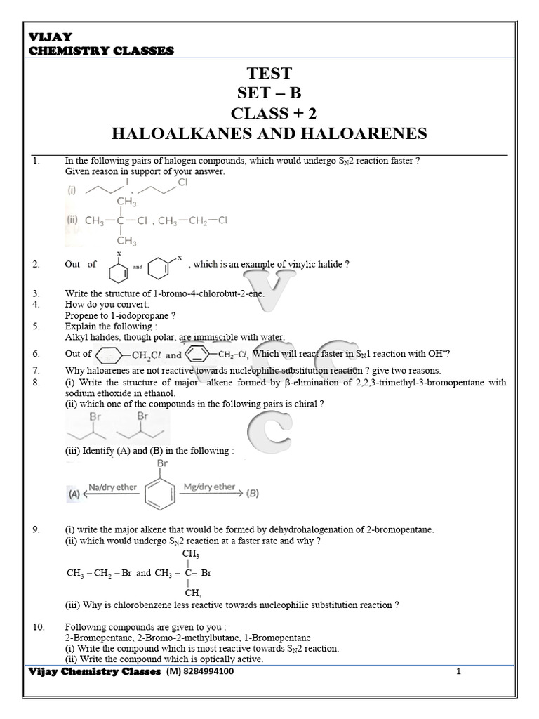 Class 2 Haloalkanes & Haloarenes Test | PDF | Organic Chemistry | Chemistry