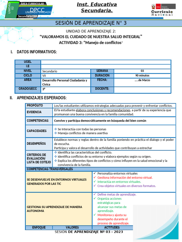 3º DPCC SES ACT. 03 UNI 02 - 2023 | PDF | Aprendizaje | Evaluación