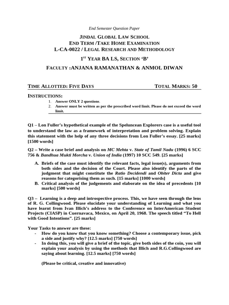 Jindal Law School End Semester Exam Paper | PDF