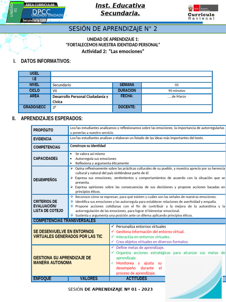 3º DPCC Ses 1 Uni 1 Sem 01 - 2023 | PDF | Las emociones | Aprendizaje