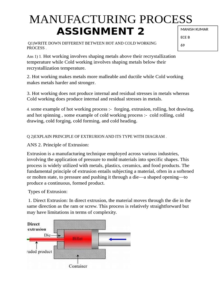 Manish Kumar Eceb 69 Assignment 2 Manufacturing Process | PDF | Forging | Extrusion