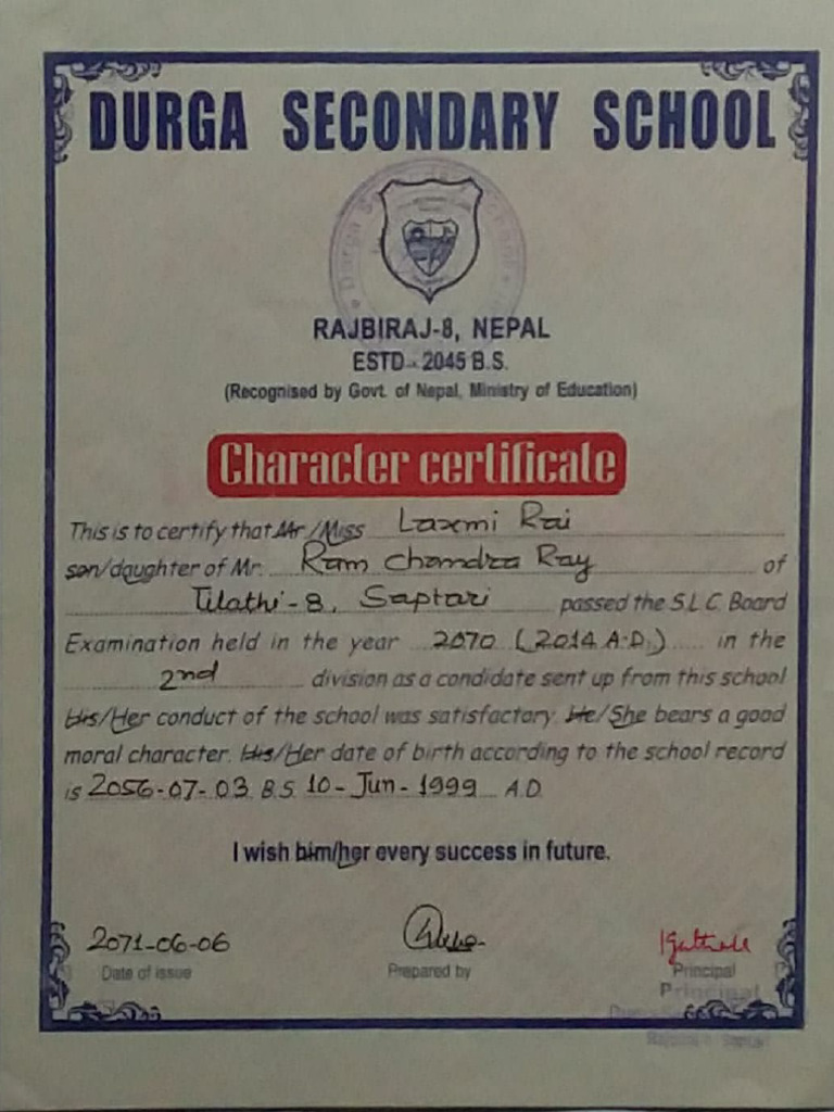 School Character Certificate - 1 | PDF