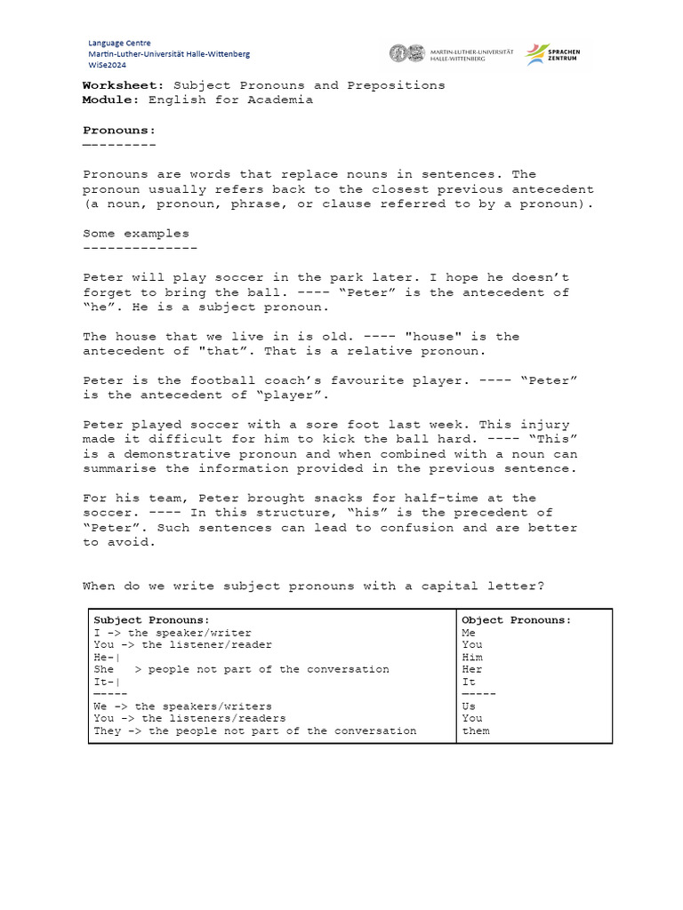 Worksheet 04 Pronouns + Prepositions | PDF | Pronoun | Preposition And ...