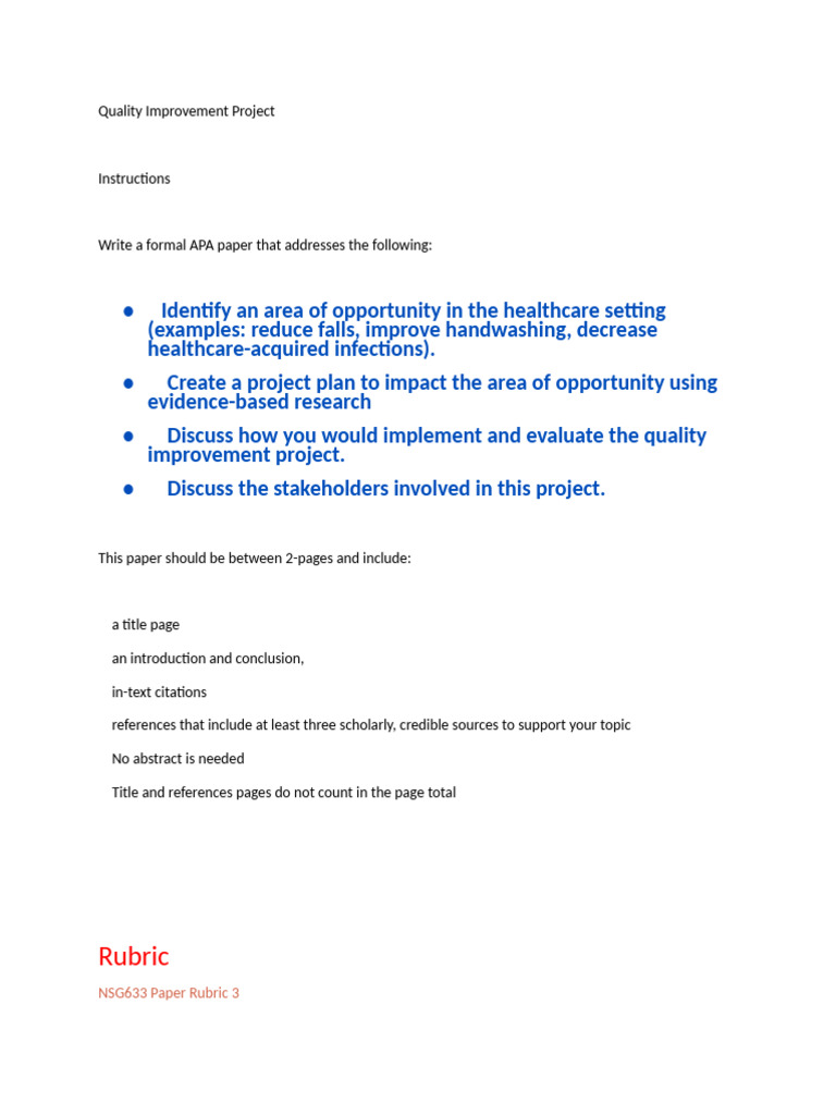 Quality Improvement Project | PDF | Methodology | Apa Style