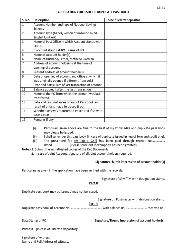 SB-41 Application For Issue of Duplicate Passbook | PDF