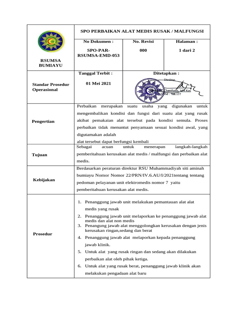 Prosedur Perbaikan Alat Medis Bumiayu | PDF